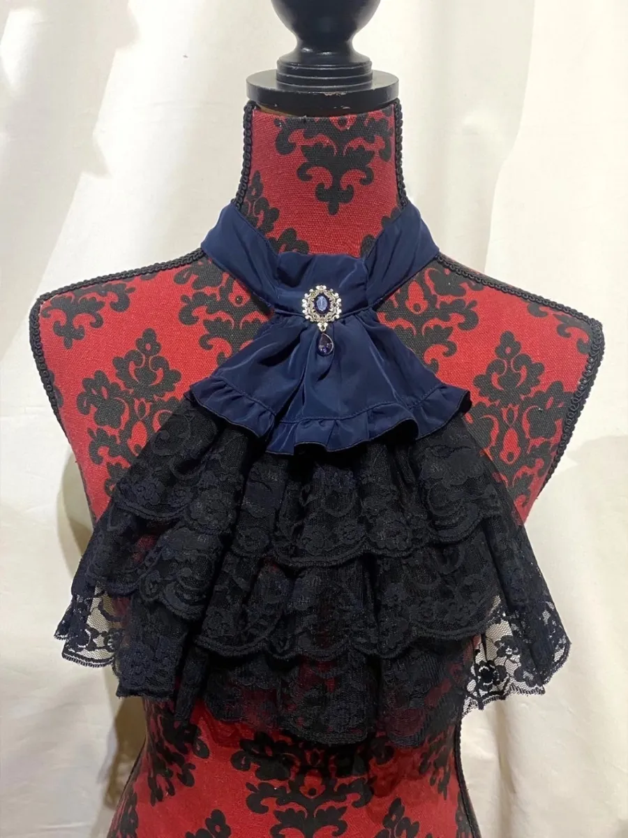 【MARBLE】マーブル アンティークモチーフ付きゴシック調レースタイ：紺×黒レース｜ATELIER-PIERROT アトリエピエロ